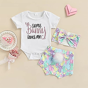 Infant Baby Easter Bunny Shorts 3 Piece, Short Sleeve Romper/Tops Rabbit Pattern Printed Elastic Waist Shorts with Headband