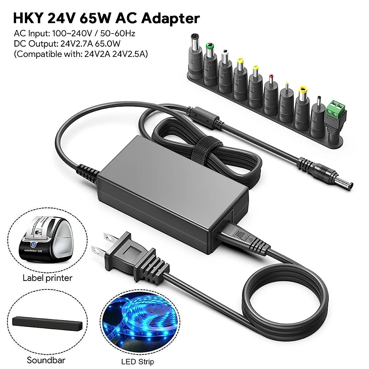 24V Power Supply,HKY 65W Universal AC Adapter with 10 Extra DC Plugs,AC to DC,for Massage Gun,LED Strip Light,Sound bar,CCTV Camera System,LED Display,LCD Monitor,3D Printer,Scanner,Speaker