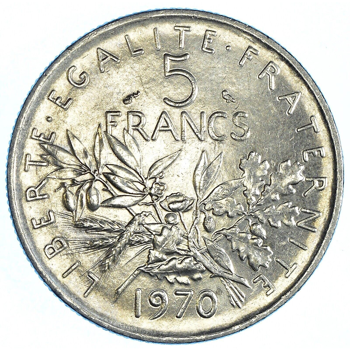1970-2001 5 Franc Fifth French Republic Coin. With Marianne"Sower" French Walking Liberty Design And"Liberte, Egalite, Fraternite" National Values. 5 Franc Graded By Seller. Circulated Condition.