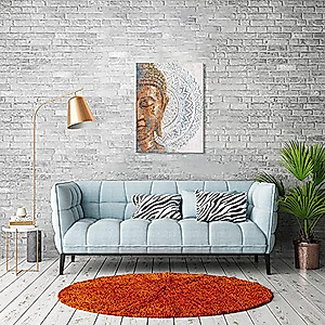 B BLINGBLING Gold Buddha Canvas Wall Art: 3D Mandala Flower Blossom Buddha Painting with Gold Foil Reproduction Print on Blue Canvas Wrapped and Ready for Hang 24"x32"