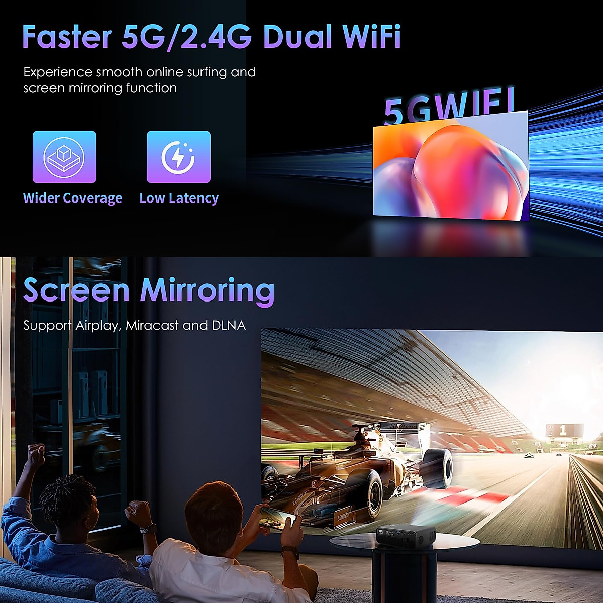 Smart 4K Daylight Projector 1000 ANSI, 5G WiFi Projector Native 1080P Bluetooth HDMI USB Apps YouTube NetFlix, 4D Keystone Zoom Ceiling 200” for Home Theater Gaming Outdoor Movie TV Stick PC DVD PS5