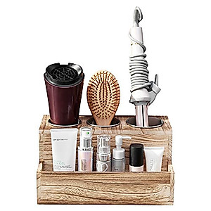 WELLAND Hair Tools Organizer for Bathroom Wall & Countertop, Holds Blow Dryer, Curling Iron, Hair Straightener and More, Rustic Wood Hair Dryer Holder with 3 Stainless Steel Cup