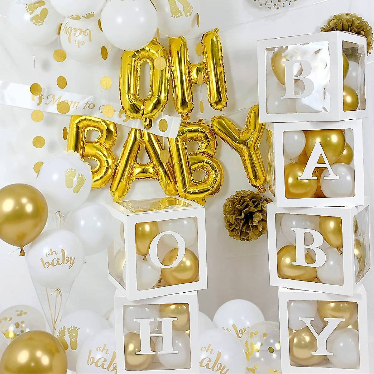 6 PCS OH BABY Boxes with Letters, Clear Block Box for Baby Shower Decorations, White OH BABY Balloons Box for Gender Reveal Party, Reusable Transparent Baby Boxes for Baby Boy or Girl