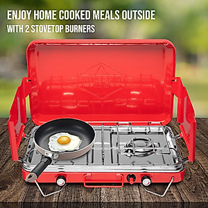 Hike Crew Gas Camping Stove | 20,000 BTU Portable Propane 2 Burner Stovetop | Integrated Igniter & Stainless Steel Drip Tray | Built-in Carrying Handle, Foldable Legs, Wind Panels | Includes Regulator