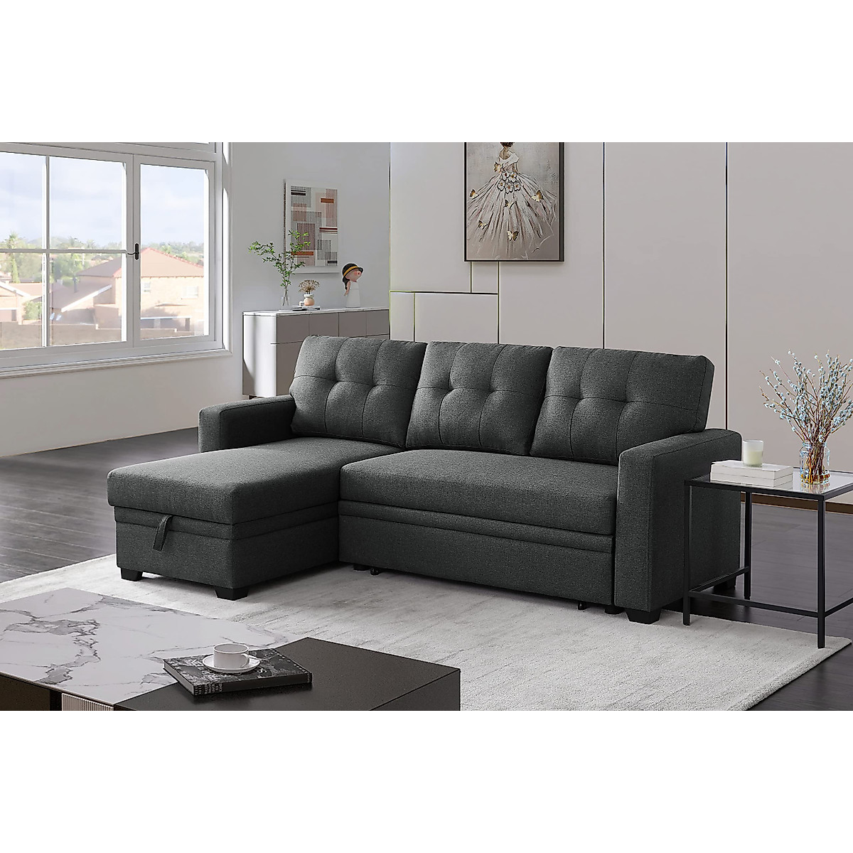Wakefit Reversible Sectional Sofa Couch, Sleeper Sofa Bed with Storage Chaise Pull Out Couch Bed for Living Room | Hidden Stroge | Pull Out Bed | Removable Backrest | Linen Fabric, Dark Grey