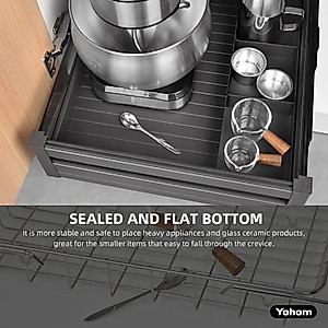 YOHOM Pull-Out Drawer Organizer Single Tier Sliding Drawer Organizer for Kitchen Cabinets, Aluminum Pull Out Tray with Dividers, DIY Installation 17" W x 21" D