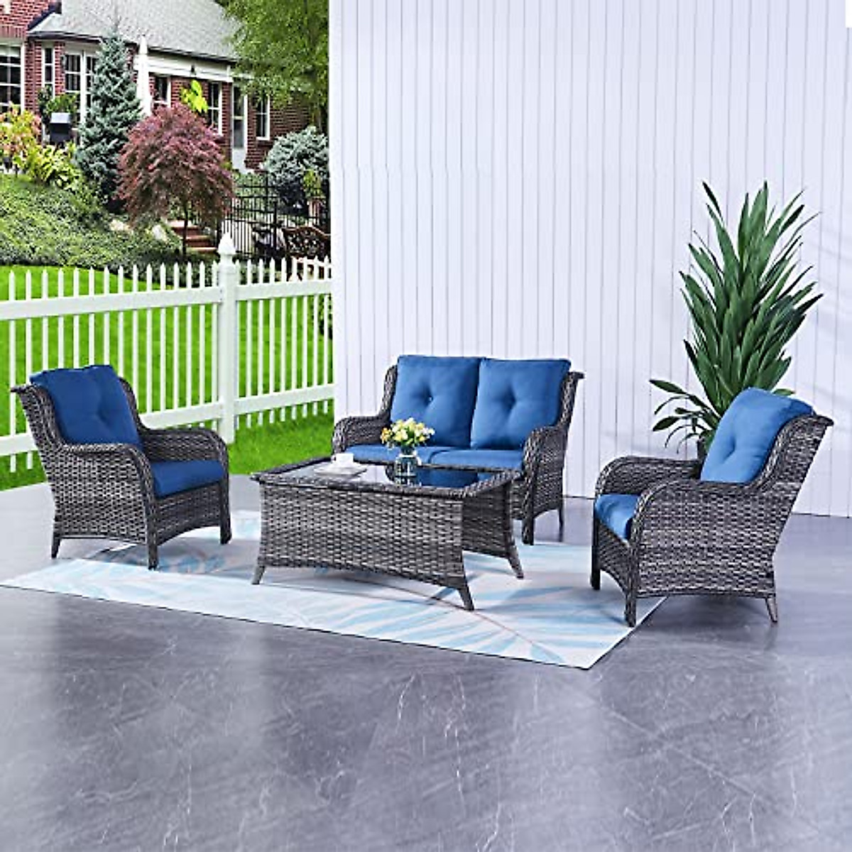HUMMUH Outdoor Wicker Chairs PE Rattan Patio Dining Chairs Set of 2 High Back Curved Armrest Porch Chairs with 4 inch Seat Cushions (Grey Chairs with Blue Cushions, 35‘’D x 31''W x 35''H)