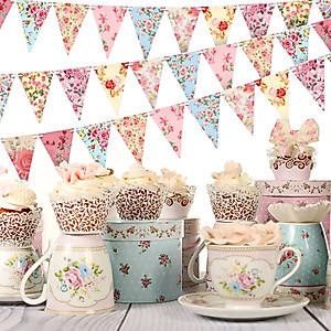 Funtery 5 Pcs Retro Bright Floral Paper Garland Chic Tea Party Garland Wildflower Garland Floral Triangle Banner for Wedding Birthday Parties Festivals Home Outdoor Hanging Decorations