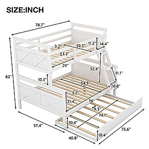 TARTOP Twin Over Full Bunk Bed with Trundle, Solid Wood Bunk Bed Frame with Ladder and Safety Guardrail, for Kids Teens Adults,No Spring Box Needed,White