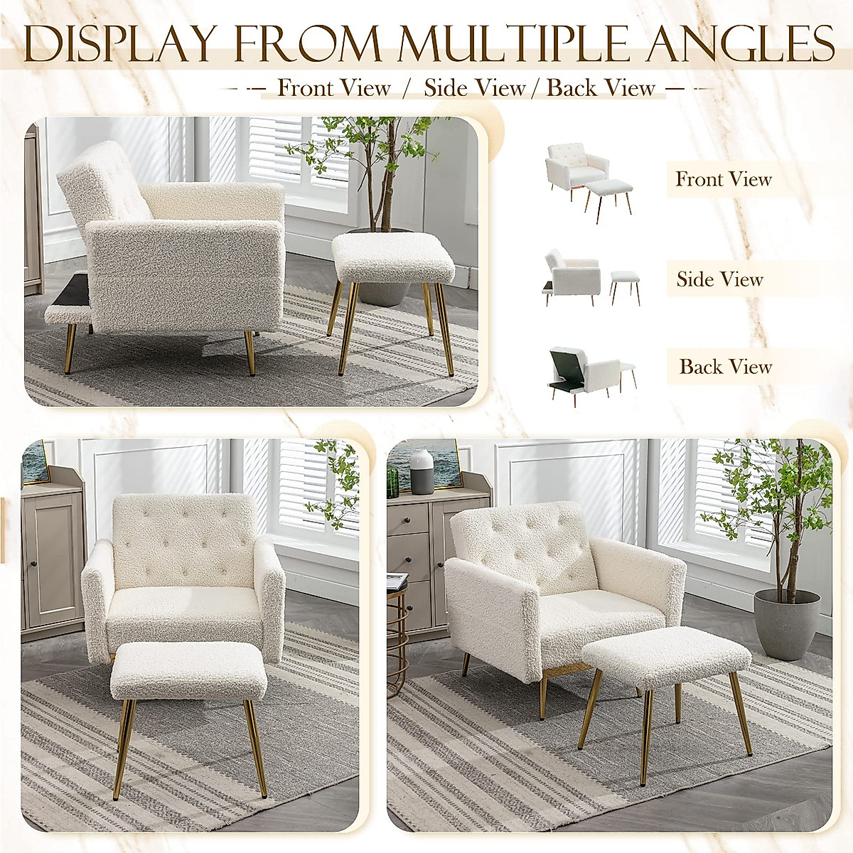 KINFFICT Velvet Accent Sofa Chair with Ottoman, Upholstered Comfy Lounge Armchair with Adjustable Armrests and Backrest, Living Room Single Recliner with Tufted Button Back, Cream White Teddy