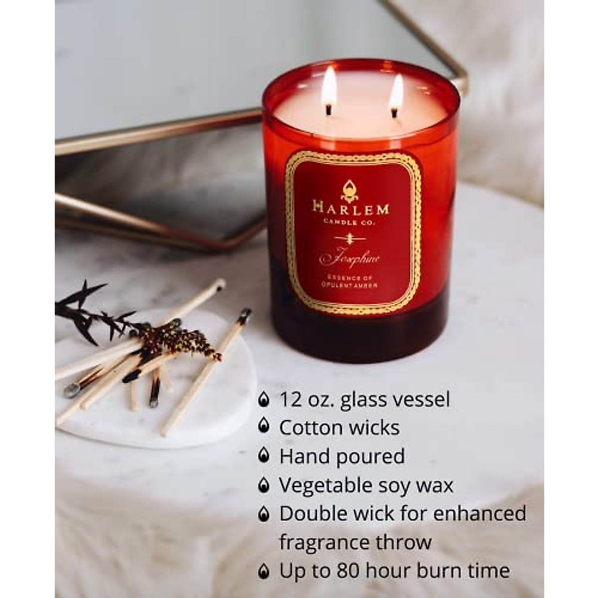 Harlem Candle Company, Josephine Luxury Scented Candle, Double Wick, 12 oz Red Glass Jar, Soy Wax, Gift Box, Scents of Rose, Jasmine, Amber, Tonka Bean and Sandalwood