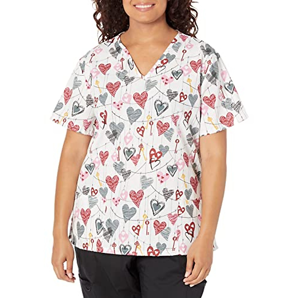 24|7 Comfort Scrubs Women's 24/7 Comfort Plus Size V-Neck Scrub Top with Pockets, Key to Heart White, 2X