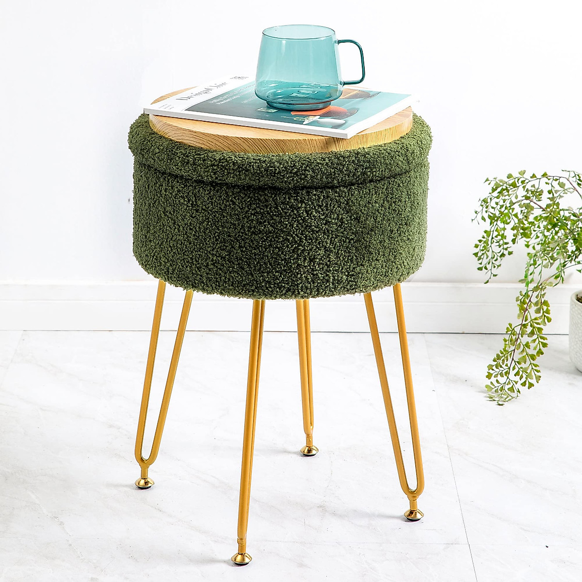 Round Storage Ottoman Foot Rest, Green Ottoman Faux Teddy Fur Vanity Stool with Gold Legs, Coffee Table Top Tray, Modern Ottoman with Storage, Makeup Footstool Vanity Chair for Living Room, Bedroom