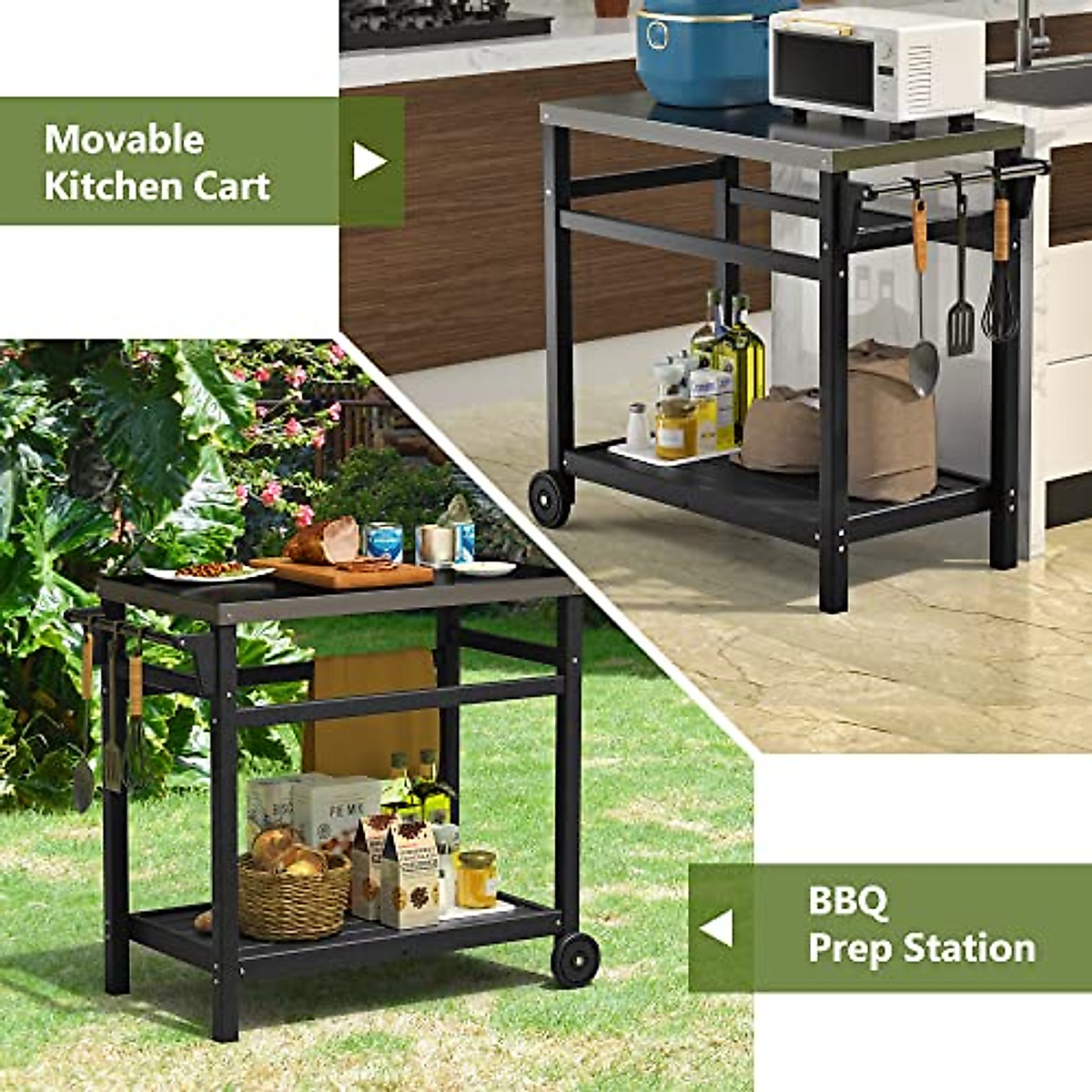 Outdoor Prep Dining Table,Movable Pizza Oven Stand, Stainless Steel Patio Bar Cart,Patio Grilling Backyard BBQ Grill Cart,Dark Gray Tabletop（Black）