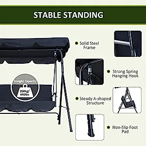 Outsunny 3-Seat Outdoor Patio Swing Chair with Removable Cushion, Steel Frame Stand and Adjustable Tilt Canopy for Patio, Garden, Poolside, Balcony, Backyard, Black