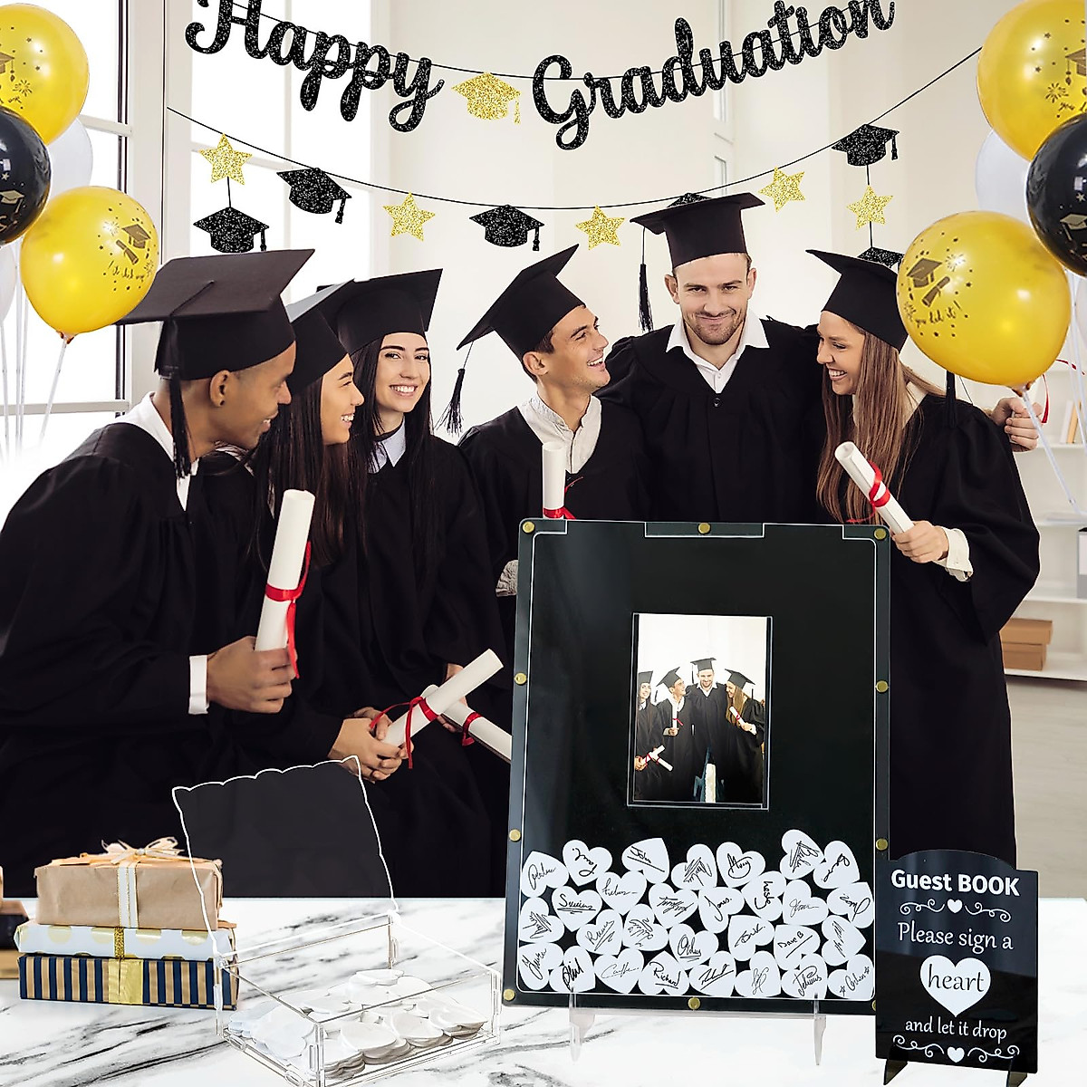 AerWo Wedding Guest Book Alternative, Acrylic Guest Book Wedding Reception Wedding Heart Guest Book Drop Box with Picture Frame,100 Acrylic Hearts,Wedding Signs for Graduations Baby Shower Anniversary