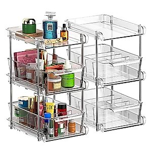 CNDREAM 3 Tier Clear Bathroom Organizer with Dividers 2 Pack, Multi-Purpose Slide-Out Storage Container,Bathroom Vanity Counter Organizing Tray,Under Sink Organizers and Storage