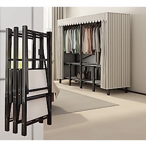 Portable Closet Storage Organizer, Foldable Installation Free Wardrobe Heavy Duty Clothes Freestanding Sturdy Garment Rack with Hanging Rods & Shelves & Dustproof Cover (Sliver, 66 "X 19" X 67 ")