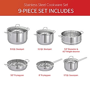 SUNHOUSE - Stainless Steel Cookware Set with PFOA-free, 18/10 Stainless Steel Pots and Pans Set - Tasty Cookware Set Including Saucepan, 2 Stock Pots, Steamer and 2 Frying Pans (9-Pieces Cookware Set)