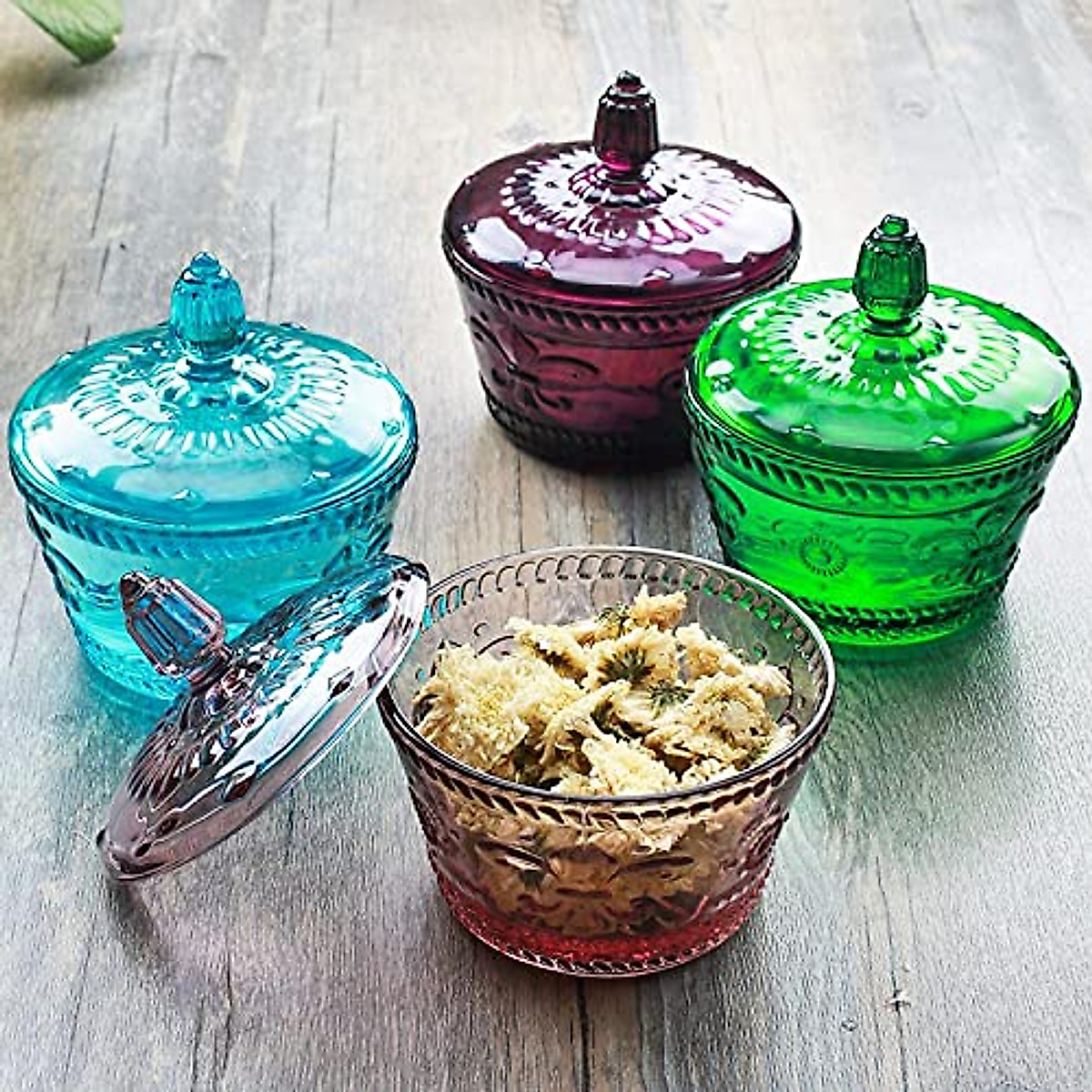 MASSJOY Set of 2 European Retro Nostalgic 3D Relief Purple Glass Jar Candy Jar Seasoning Jar with Lid