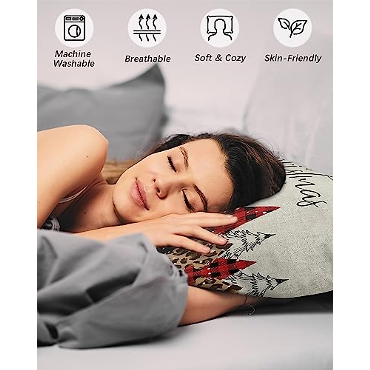 Christmas Tree Pillow Covers Standard Size Set of 2 Bed Pillow, Farmhouse Buffalo Plaid Winter Snowflake Plush Soft Comfort for Hair/ Skin Cooling Pillowcases with Envelop Closure 20x26 Inches