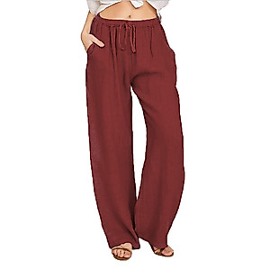 Today 2023 Womens Tops Cotton Linen Pants for Women Wide Leg Elastic Waist Full Length Sweatpants Plus Size Workout Yoga Trousers with Pocket Wine