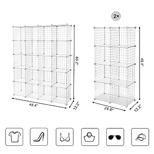 SONGMICS Wire Cube Storage, 20-Cube Modular Rack, Storage Shelves, PP Plastic Shelf Liners Included, 48.4" L x 12.2" W x 60.2" H White ULPI45W
