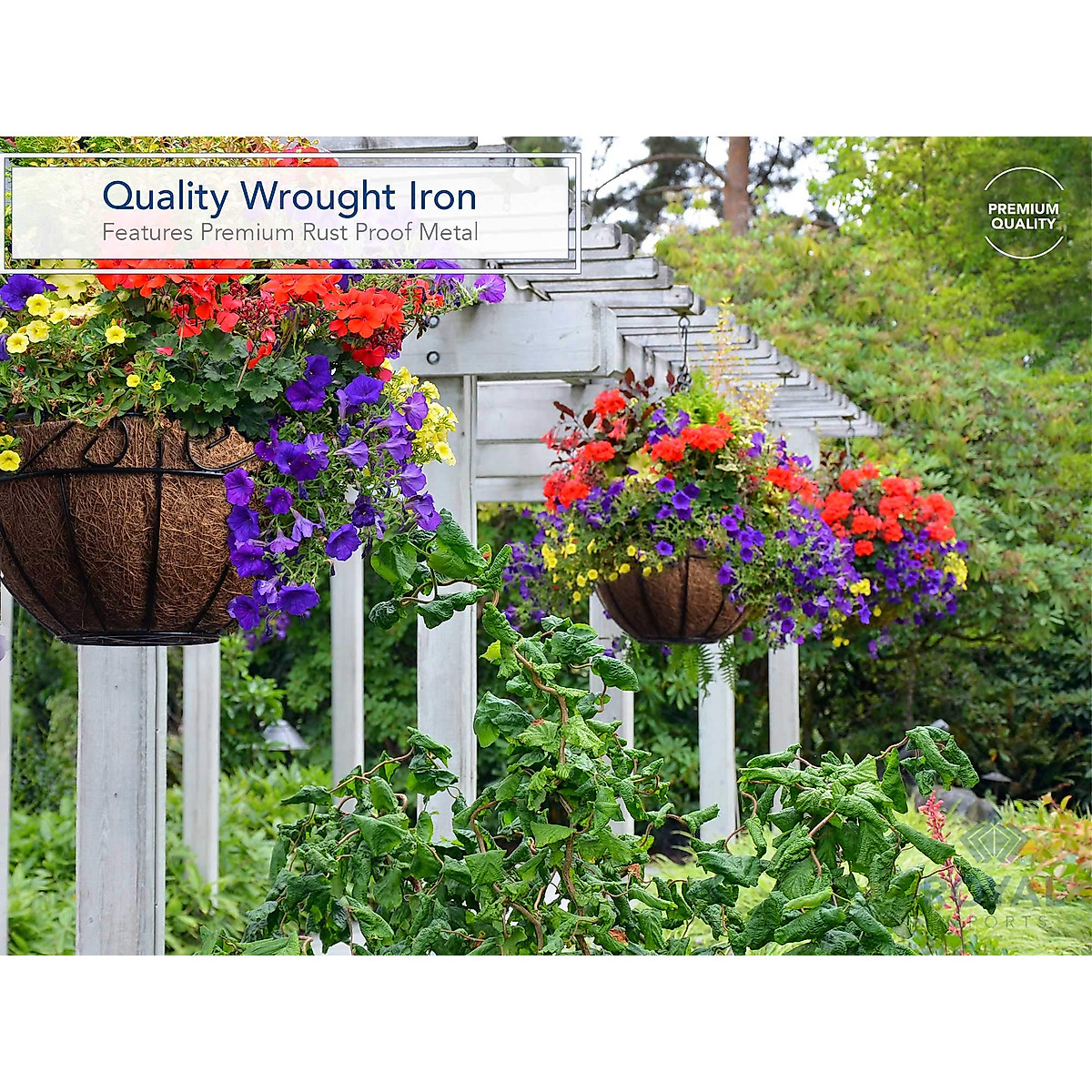 Royal Imports Metal Hanging Planter Flower Basket with Coco Coir Liners 13" Round Wire Outdoor Porch Balcony Garden Décor, Set of 2