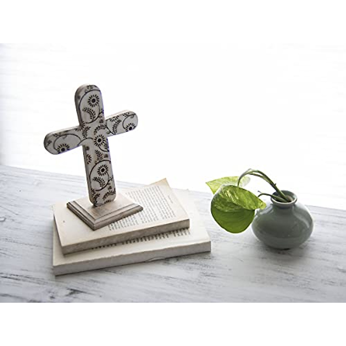 Foreside Home & Garden White Floral Wood Cross Decorative Tabletop Accent