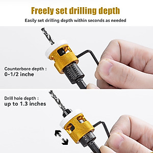5 Pcs Countersink Drill Bit Set with Low Friction Depth Stop, HSS M2 Bits Tapered Head 1/8" 9/64" 5/32" Drill+3/8” 82° Counter-Bore,11/64" 3/16" Drill+ 1/2" 82° Counter Bore,1/4” Hex Shank(Yellow)