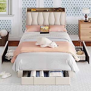 ANCTOR Twin Bed Frame with 3 Drawers, Upholstered Platform Bed with Storage Headboard and Charging Station, No Box Spring Needed, Easy Assembly, Beige