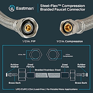 Eastman 16 Inch Steel-Flex Braided Faucet Connector, 1/2 Inch FIP x 1/2 Inch Compression, Stainless Steel Faucet Supply Line, 48026