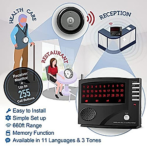 SYNLETT Wireless Calling System Nurse Call System Caregiver Pager for Restaurant Clinic Nursing Home 11 Languages 3 Alert Tones, 10 Call Buttons and 1 Monitoring Unit for Patients Seniors Customer