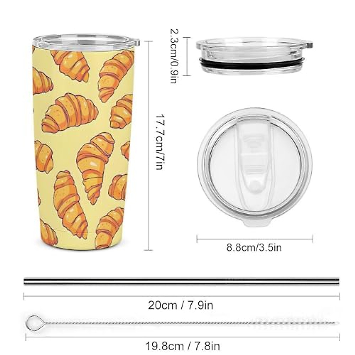 KIOWEIR Delicious Croissant Stainless Steel Tumbler 20oz With Lid And Straw, Insulated Tumblers Coffee Cup, Travel Mug for Ice Drink & Hot Beverage for Women Men Boys Girls