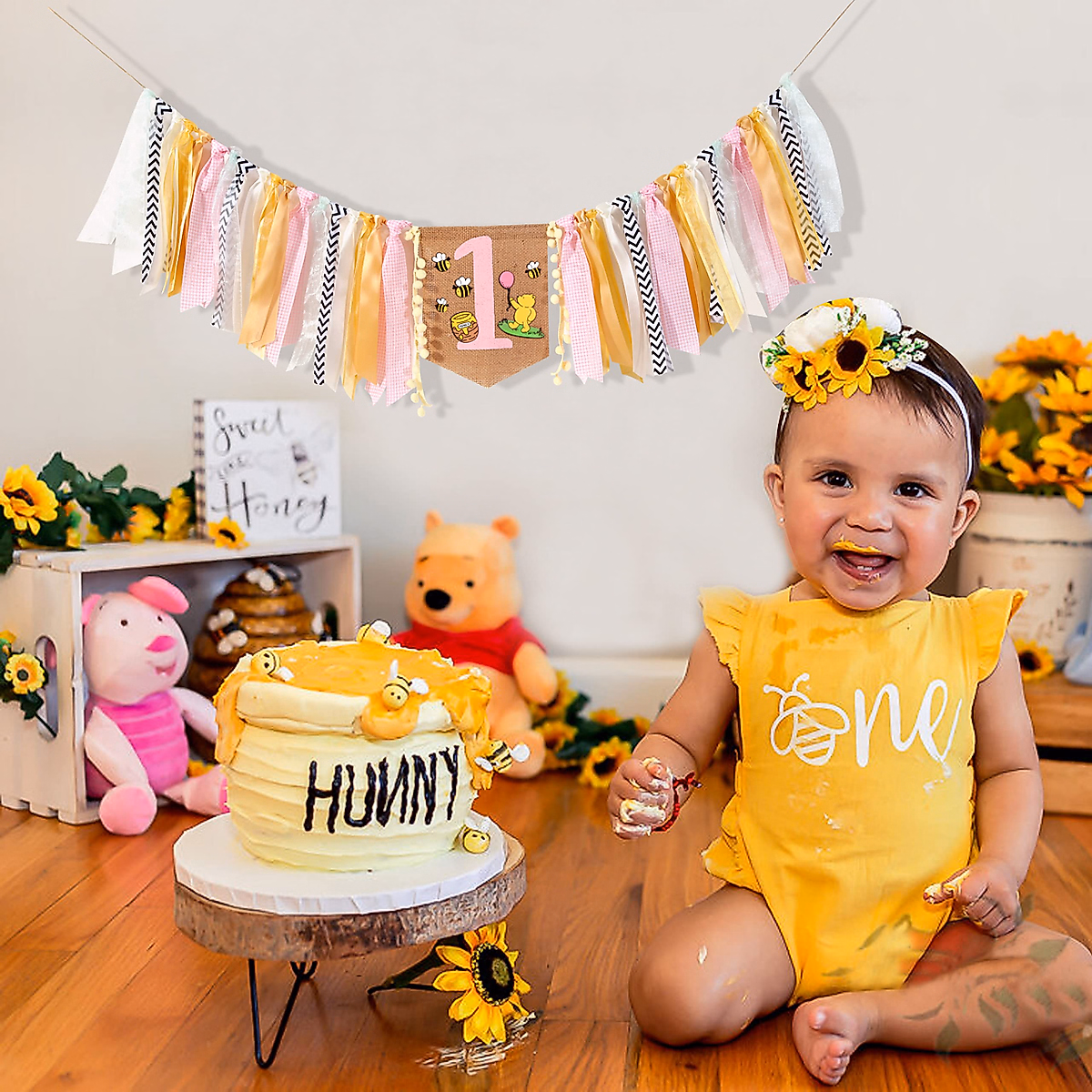 Pink Bear High Chair Banner For 1st Birthday - Sweet Bee Theme Baby Shower, Birthday Girl High Chair Decor, Winnie The Pooh High Chair Banner, First Bee Birthday Party Decorations, Winnie One High Chair Banner, Little Bear Banner For Girls Photo Props, Pi