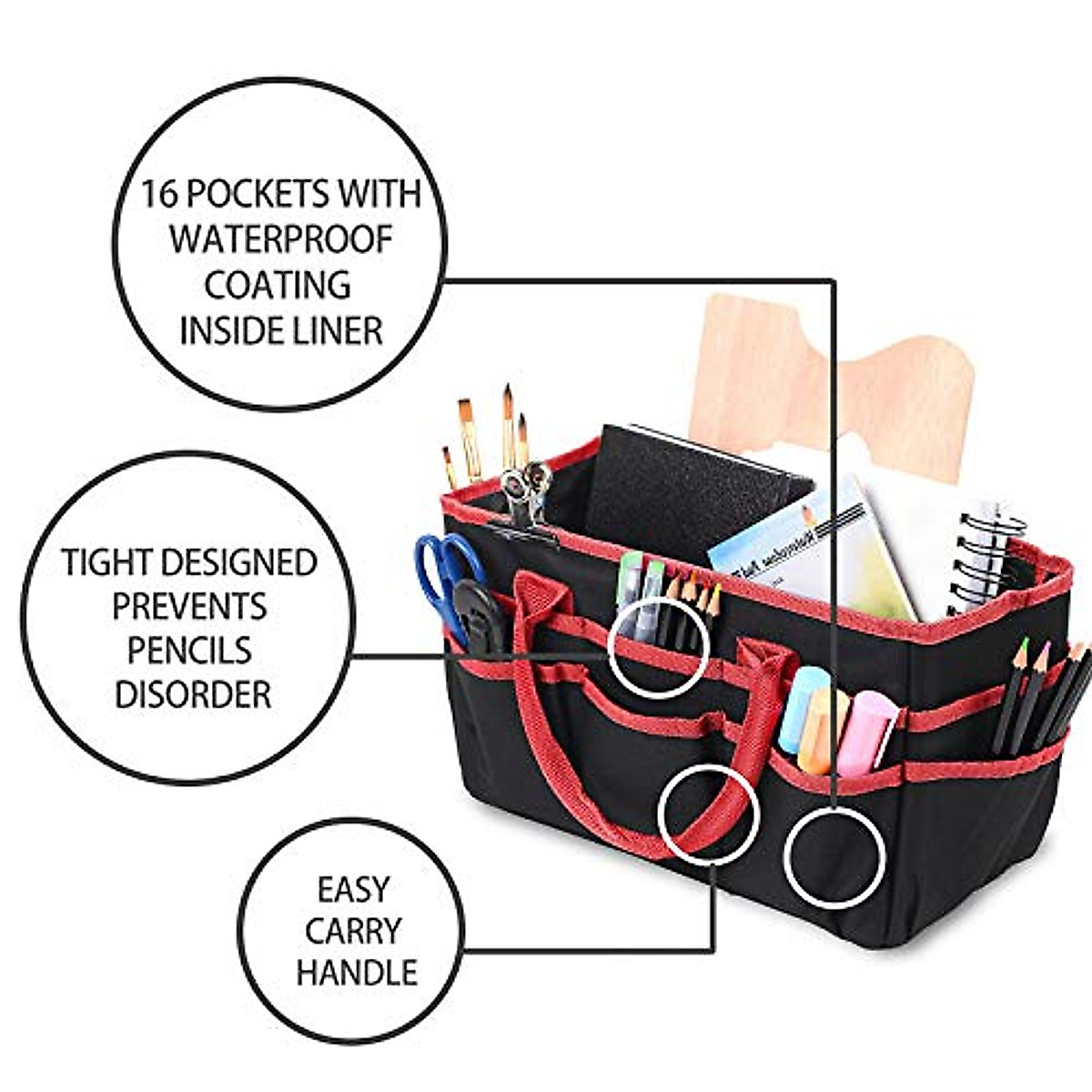 JJRING Craft and Art Organizer Tote Bag - 600D Red Nylon Fabric Art Caddy with Pockets - for Art, Craft, Sewing, Medical, and Office Supplies Storage