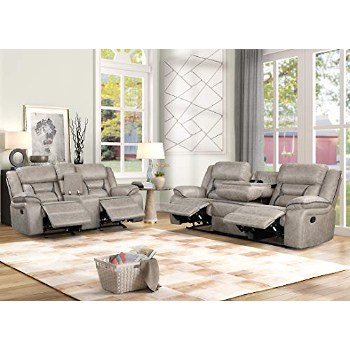Roundhill Furniture Elkton Manual Motion Reclining Sofa and Loveseat with Storage Console, Taupe