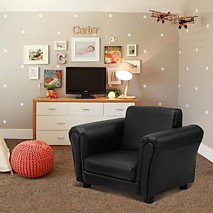 HONEY JOY Kids Couch with Ottoman, Child Size Sofa with Roundy Footstool, PU Leather, Anti-Slip Pad, Mini Toddler Toy Story Chair for Playroom Furniture (Black)