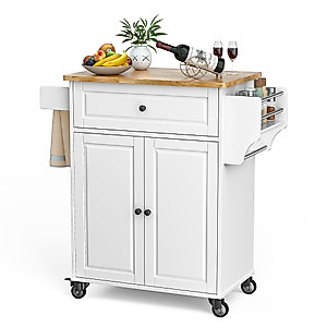 Gizoon Kitchen Island Cart with Adjustable Shelf, 35.8" W Mobile Trolley Cart on Metal Wheels with Drawer & Storage Cabinet, Spice Rack & Towel Rack, Wooden Countertop, for Dining Room, Bar, White
