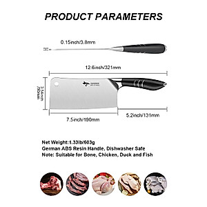 MAD SHARK Meat Cleaver Knife, German Stainless Steel Professional Butcher Chopper 7.5 Inch, Stainless Steel Handle, Heavy Duty Blade for Home Kitchen and Restaurant
