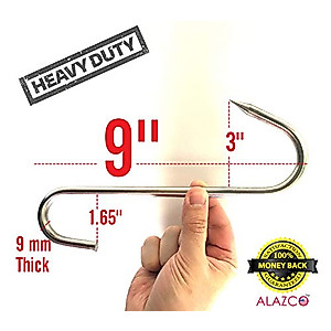 4pc 9" Heavy Duty & Thick ALAZCO Stainless Steel Meat Processing Butcher Hook - Wild Game, Smoking Ribs BBQ Large Fish, Hunting, Carcass Deer Hanging S-Hook Excellent Quality 9mm Thick