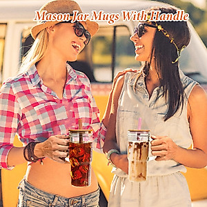 Luxfuel 24oz Wide Mouth Mason Jar Drinking Glasses Tumbler with Handle and Bamboo Lids,Reusable Smoothie Cup for Iced Coffee,Water,Juice - 2 Pack