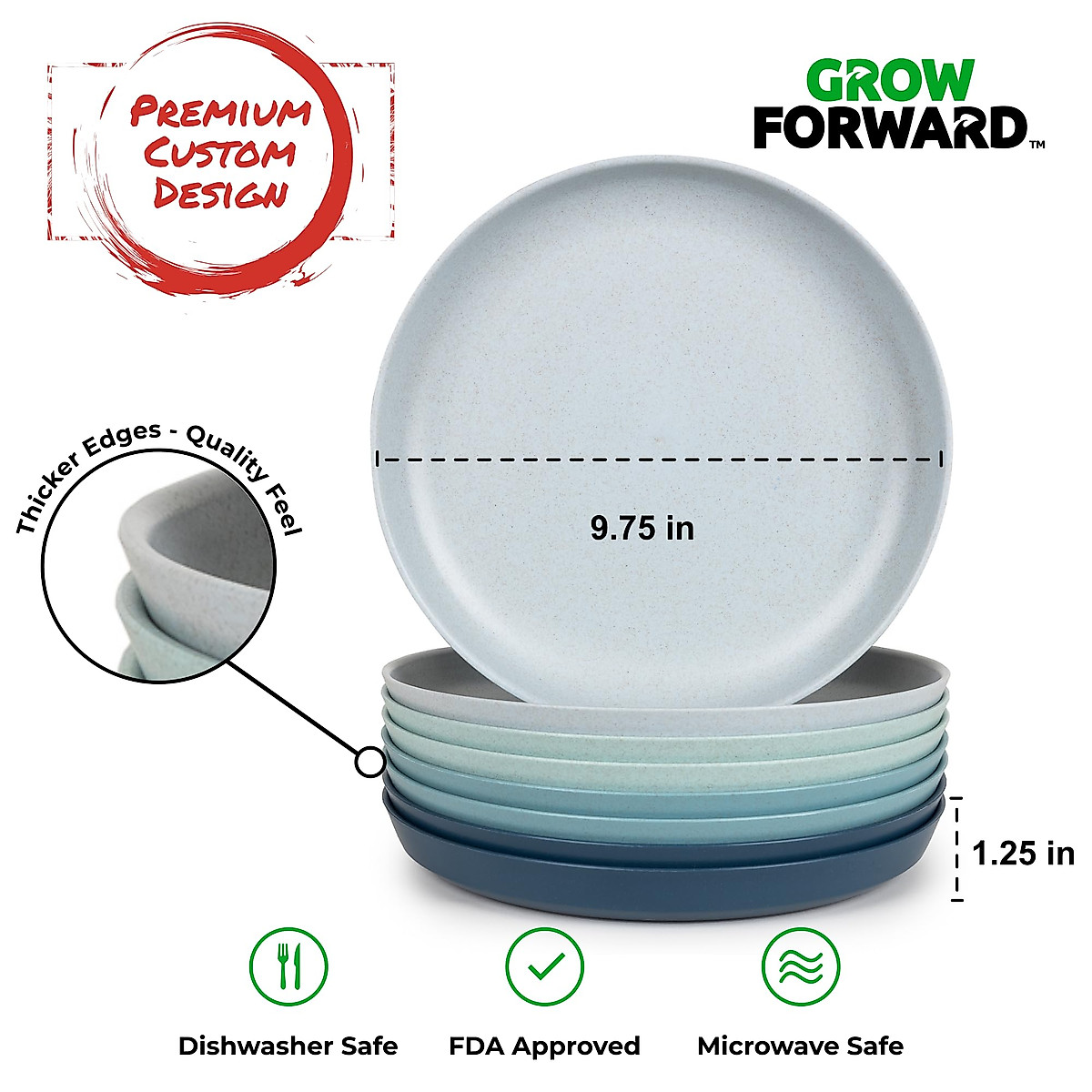 Grow Forward Premium Wheat Straw Plates - 10 Inch Reusable Hard Plastic Dinner Plates Set of 8 - Unbreakable Microwave Safe Plates for Dessert, Camping, RV, Outdoors, Patio, Kitchen Dishes - Seascape