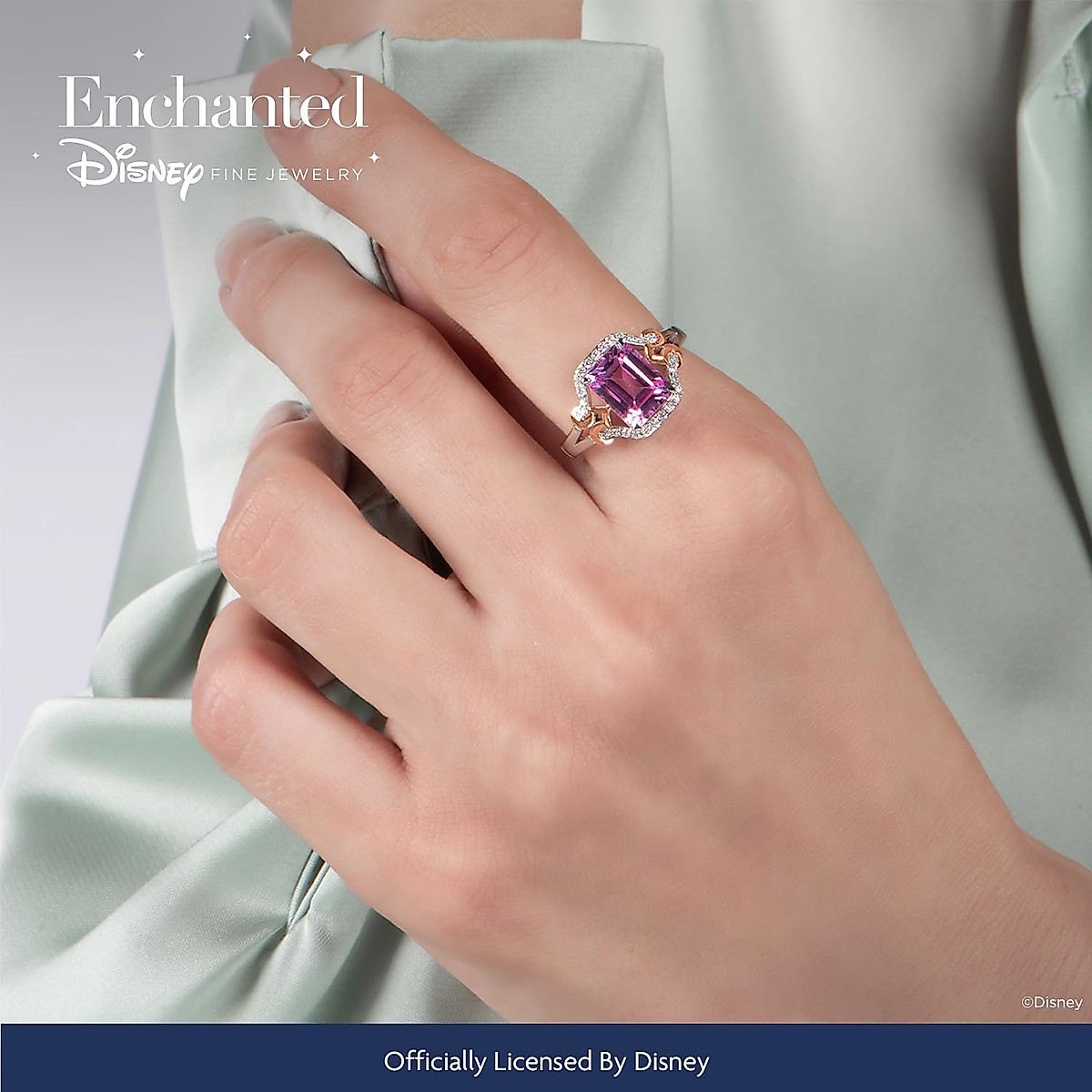 Jewelili Enchanted Disney Fine Jewelry Sterling Silver and 10K Rose Gold with 1/6 Cttw and Created Pink Sapphire Aurora Ring, Size 9