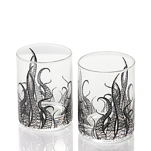 Octopus Tentacle Whiskey Glassware | Set of 2 | 9 OZ Handmade Craft Beer, Cocktail, Water, Bar Rock Glass - Kraken Tumbler Gift Set, Old Fashioned Rocks Glasses, Antique Design Extraordinary Detail
