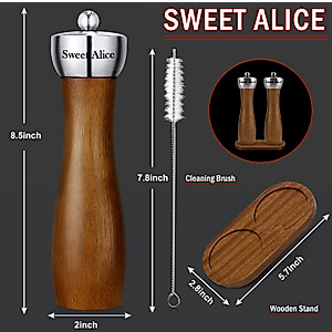 Salt and Pepper Grinders Refillable ​Set, Beech Wood Pepper Mill with Ceramic Mechanism, Solid and Durable Salt Grinders Suited for Sea Salt, Black Peppercorn (6'', Brown Set of 2)