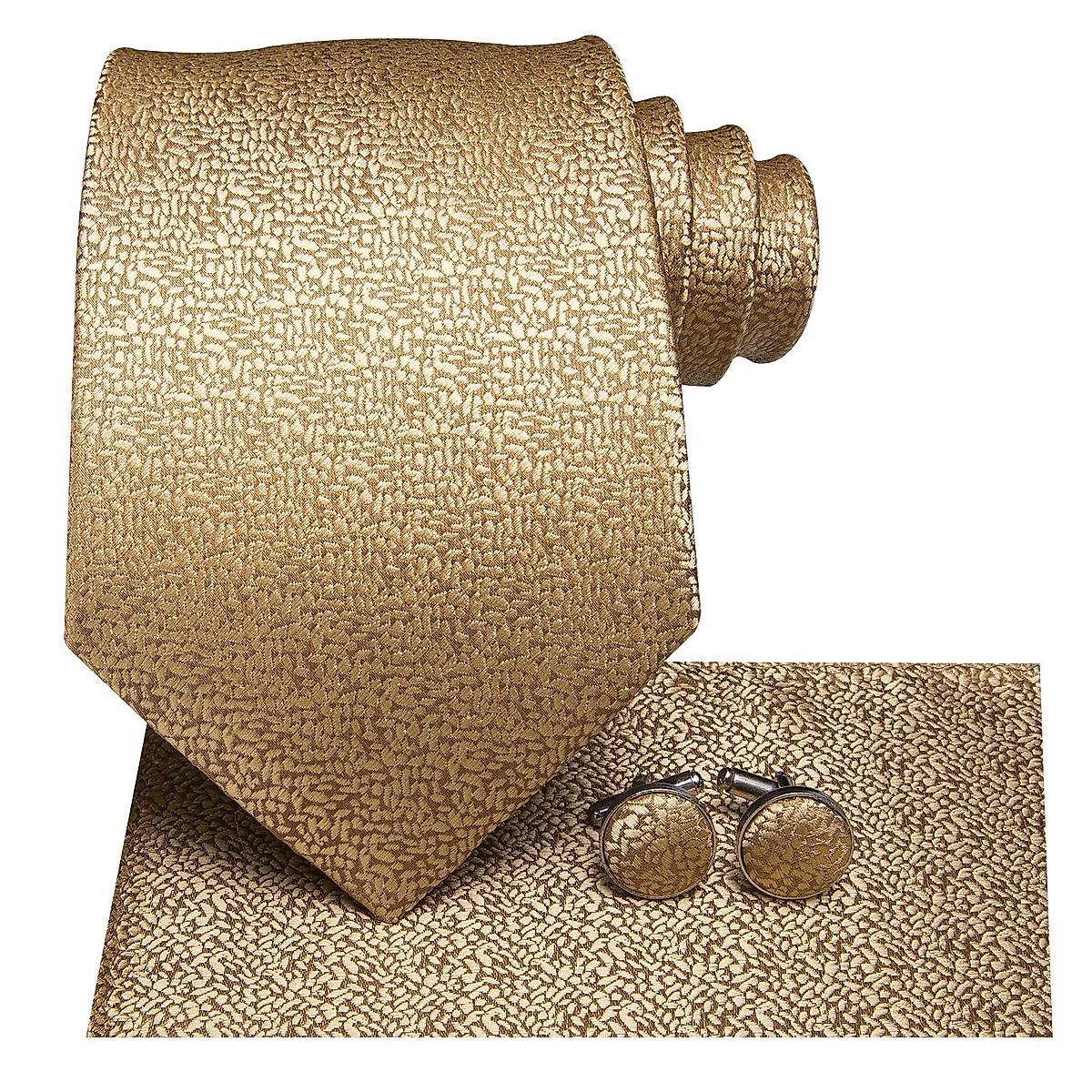 Dubulle Solid Color Mens Gold Necktie with Handkerchief Cufflinks Gold Ties Set for Men and Pocket Square Suit Ties Wedding