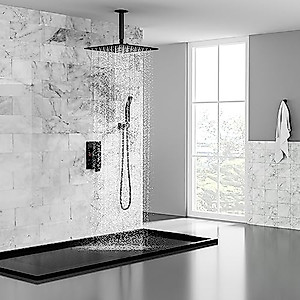 SR SUN RISE 16 Inches Matte Black Shower Set System Bathroom Luxury Rain Mixer Shower Combo Set Ceiling Mounted Rainfall Shower Head Faucet (Contain Shower Faucet Rough-In Valve Body and Trim)