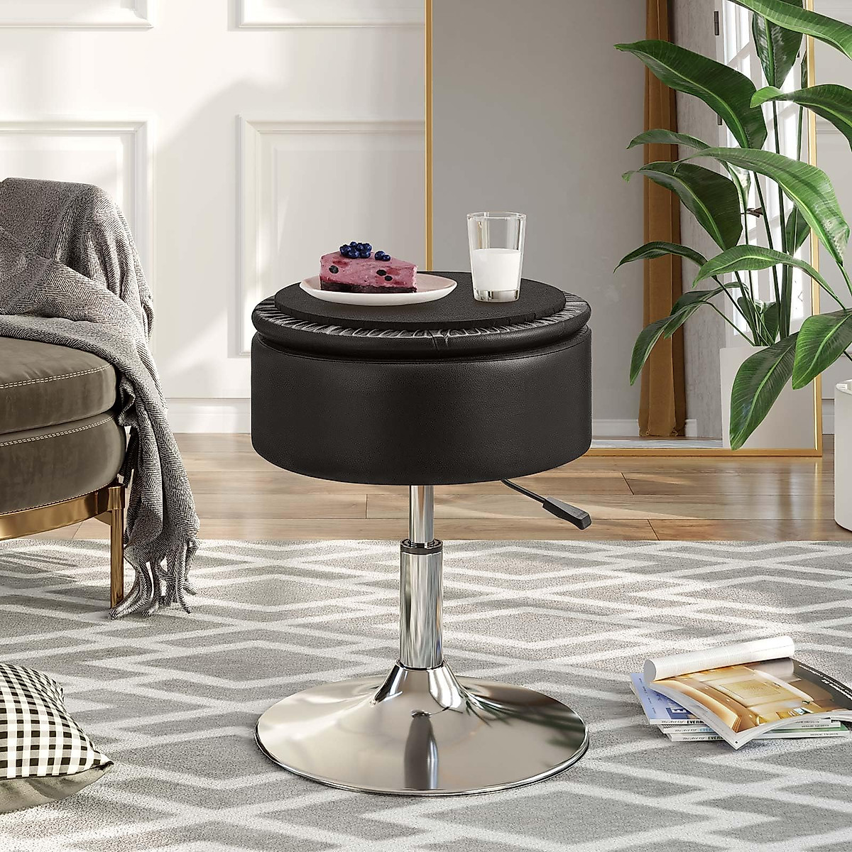 GREENSTELL Vanity Stool with Storage, 19" to 23" Height Adjustable PU Leather Vanity Chair, 360° Swivel Makeup Stool with Removeable Tray, Modern Ottoman for Bedroom Bathroom, Black