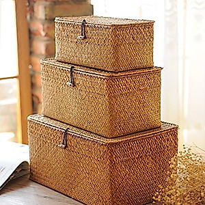 Najer 3-piece Set Rectangular Handmade Seagrass Baskets with Lids，Multifunctional Storage Solution，Ochre